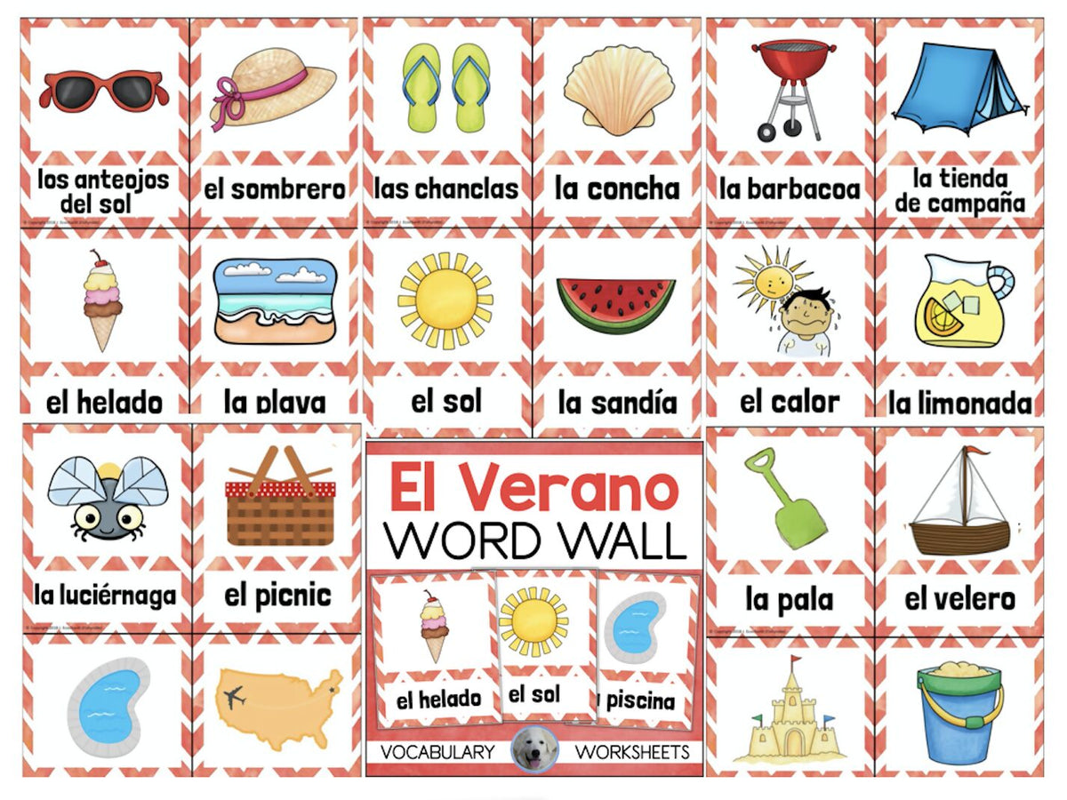 El Verano Summer Vocabulary Word Wall & Spanish/English Worksheets ...