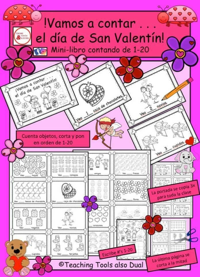 Contando el día de San Valentín # 1-20 Mini-folleto (Prek, Kinder, Pri ...