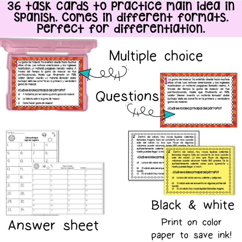 Main Idea in Spanish Task Cards/ Idea principal/ Tarjetas de Trabajo ...