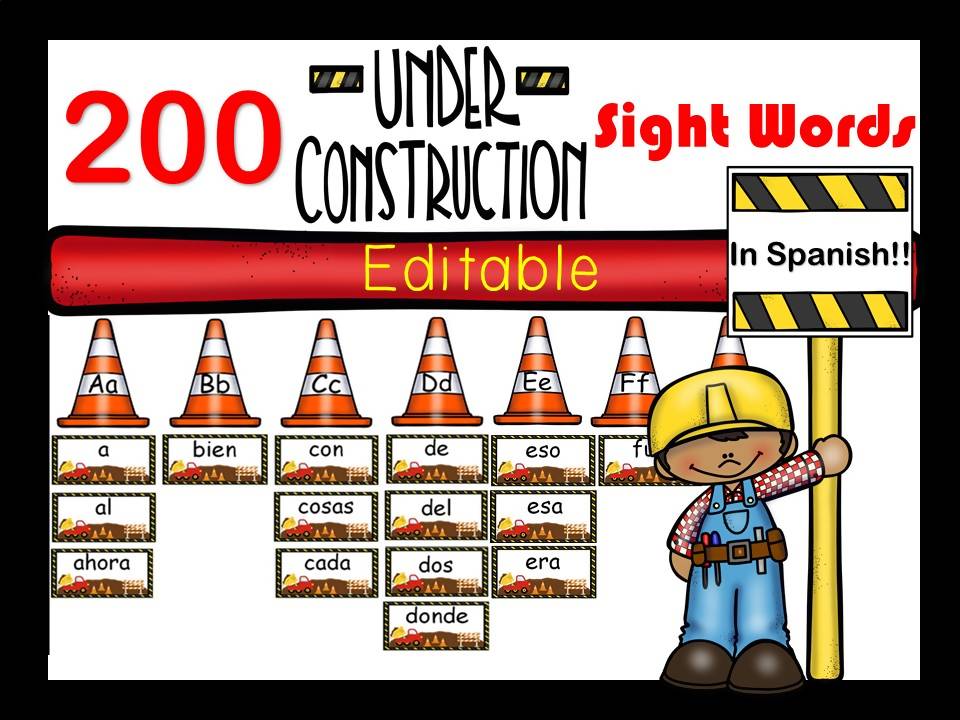 Construction Theme Sight Words {Spanish Version} EDITABLE! – Bilingual ...