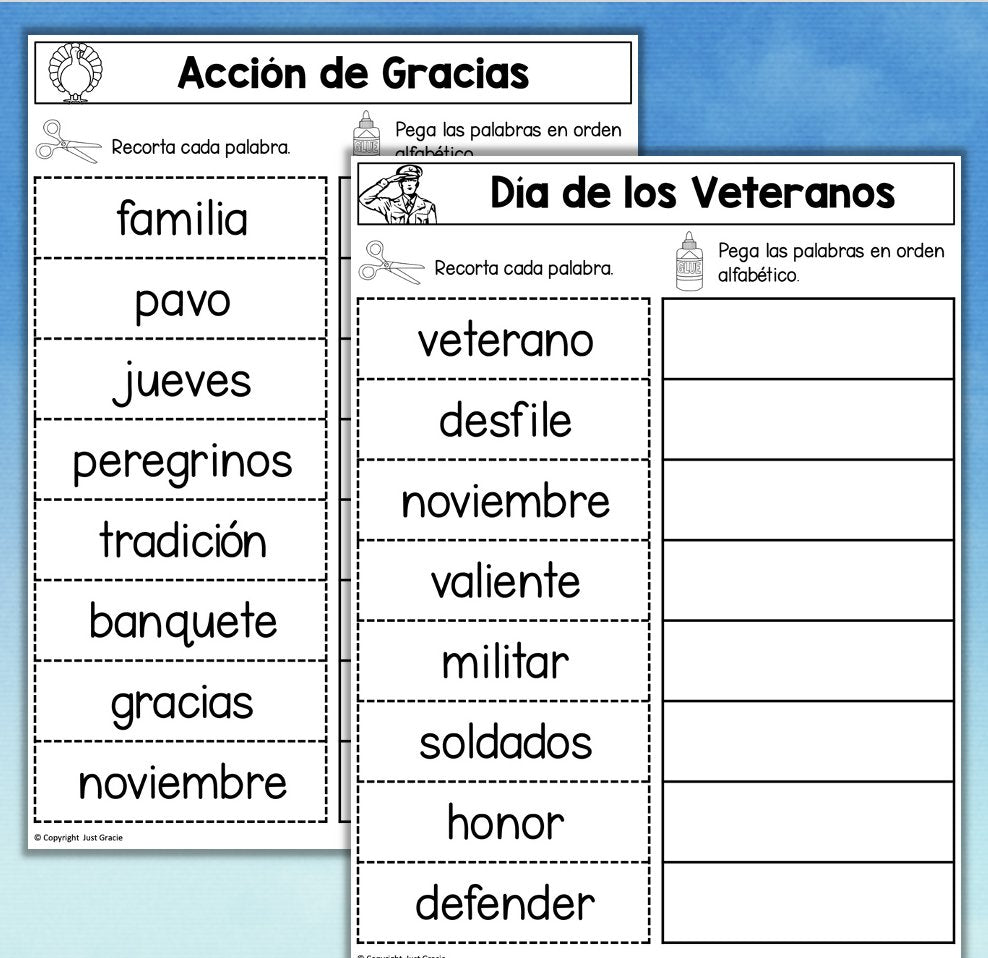SPANISH Orden alfabético ABC Order Cut & Glue Worksheets Holidays Seas ...