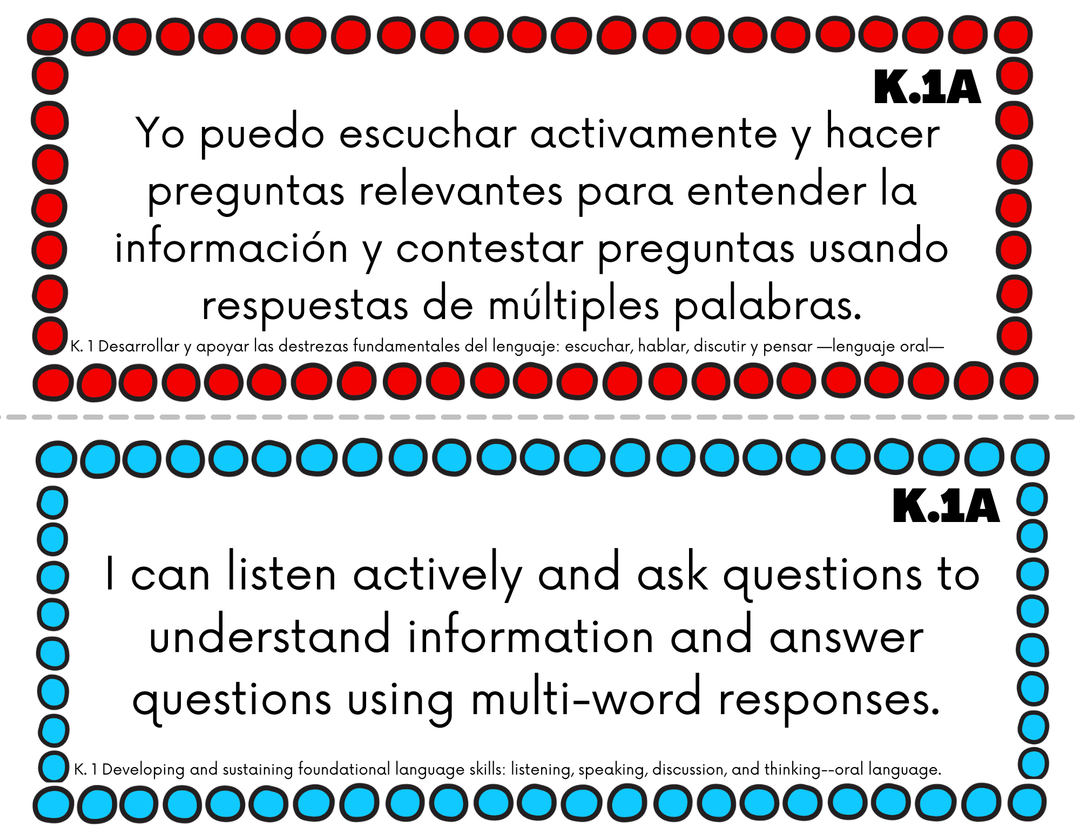 Kindergarten SLA TEKS cards in Eng and Spa 2022 – Bilingual Marketplace