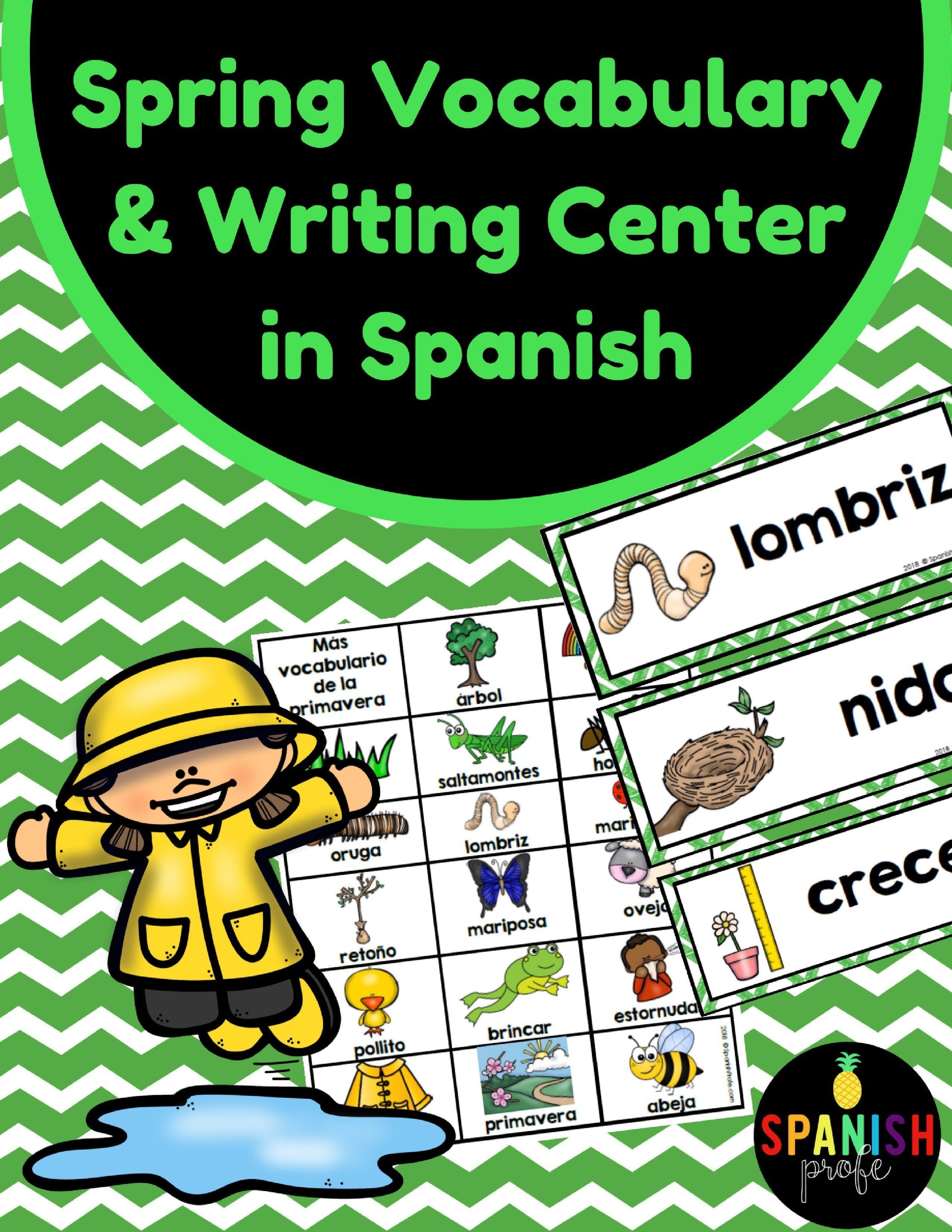 Spring Vocabulary & Writing Center in Spanish Word Wall (Vocabulario p ...