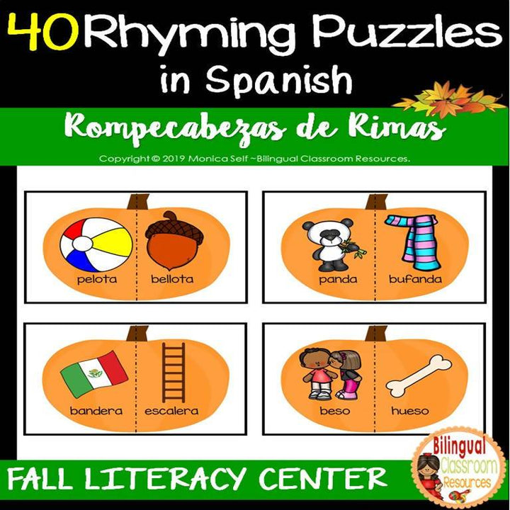 40 Pumpkin Rhyming Puzzles in Spanish/Rompecabezas de Rimas – Bilingual ...